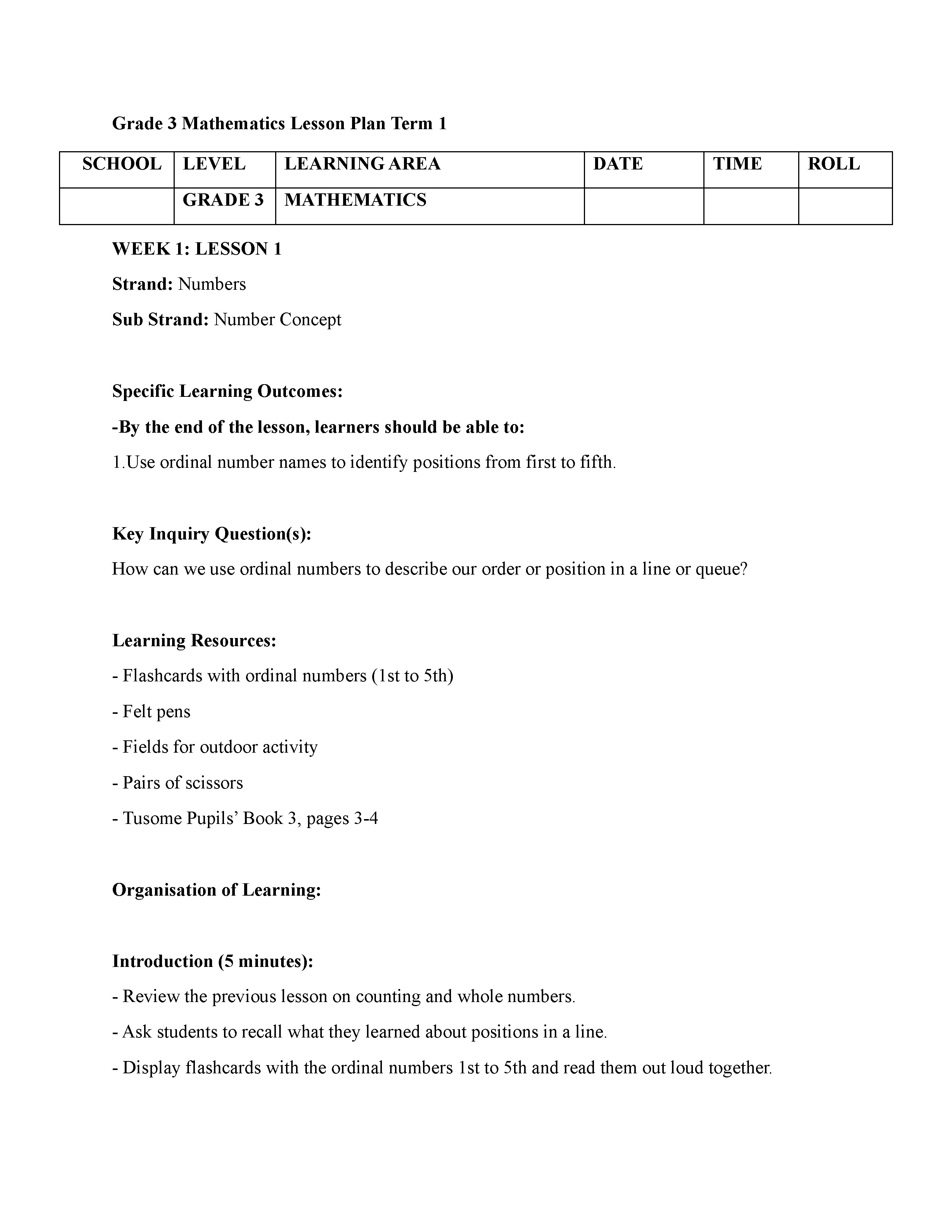 Grade 3 Mathematics Lesson Plan Term 1 New Grade 3 Mathematics Lesson Plan Term 1 New